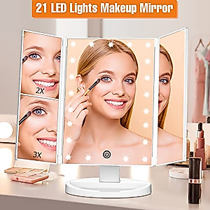 FASCINATE Trifold Vanity Mirror with Lights, Lighted Makeup Mirror 2X/3X Magnification, 21 LED Touch Dimming, Dual Power 90° Rotation Lit Beauty Table Mirror, Make up Mirror with Lighting (White)