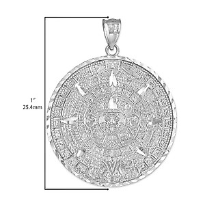 .925 Serling Silver Round Aztec Mayan Calendar Charm Pendant Necklace with Rolo Chain - 22"