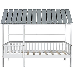 Harper & Bright Designs House Bed Twin Size with Fence Guardrails, Montessori Bed Frame with Storage Shelves, Wood Playhouse Beds for Kids Girls Boys, White