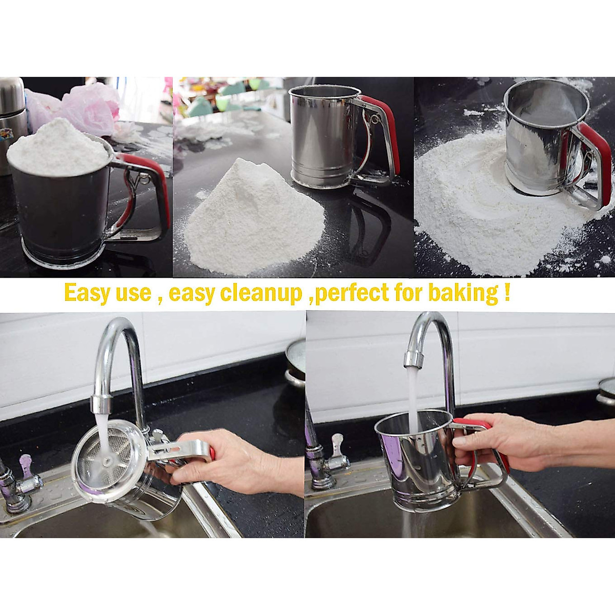 3-Cup Stainless Steel Flour Sifter,Squeeze Sifter for Baking with Compatable Silicone Handle (Green)