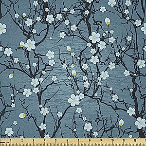 Lunarable Floral Fabric by The Yard, Sakura Tree Branches Pale Japanese Cherry Blossom Spring Form, Microfiber Fabric for Arts and Crafts Textiles & Decor, 1 Yard, Sea Blue