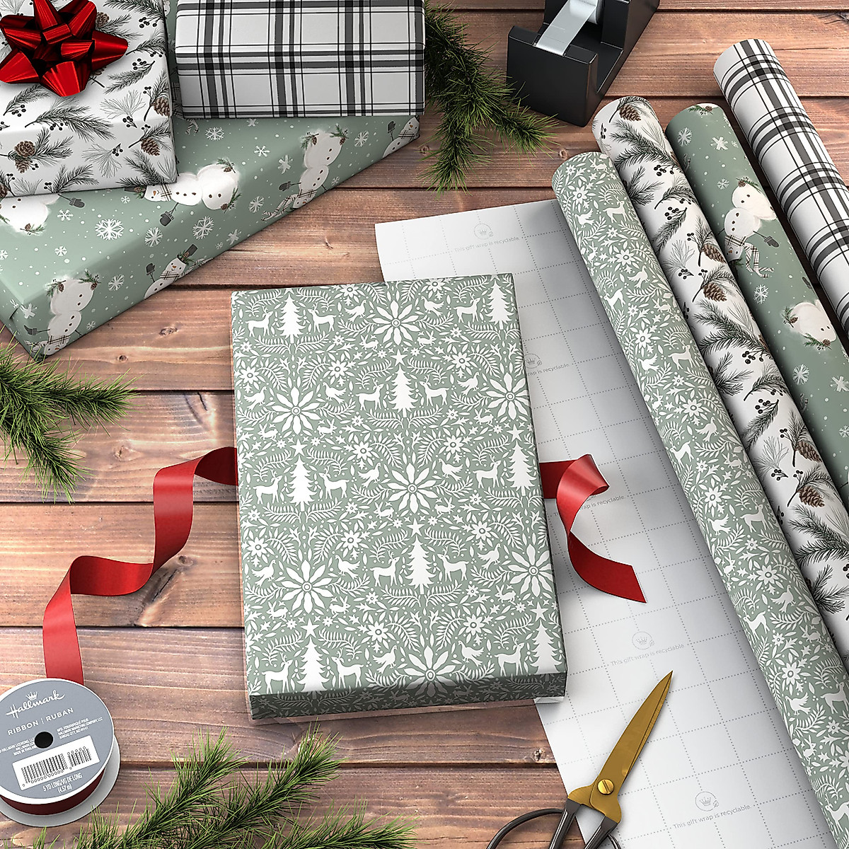 Hallmark Recyclable Neutral Christmas Wrapping Paper (4 Rolls: 100 Sq. Ft. Ttl) White and Sage Green Evergreen Pinecones, Rustic Snowmen, Plaid, Nordic Deer and Foliage