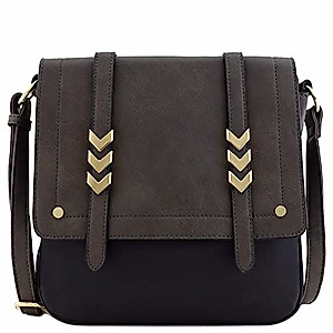 ALYSSA Double Compartment Large Two-Tone Colorblock Flapover Crossbody Bag (Charcoal Grey/Black)