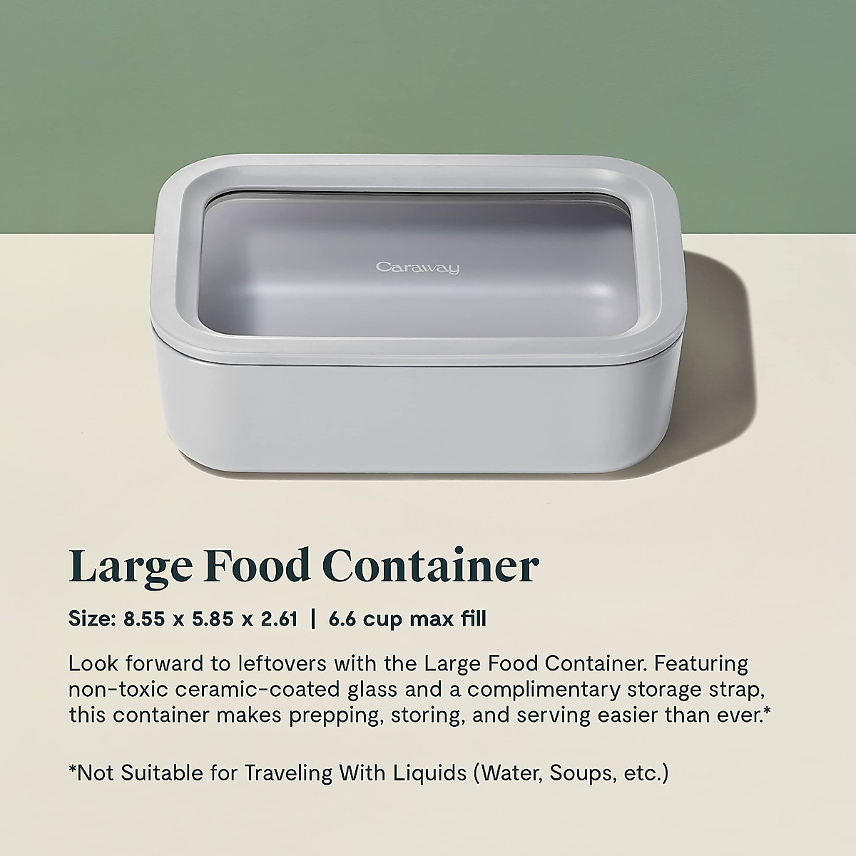 Caraway Glass Food Storage, 6.6 Cup Glass Container,Ceramic Coated Food Container,Easy to Store, Non Toxic, Non Stick Lunch Box Container with Glass Lids. Dishwasher, Oven,Square Shape,Gray