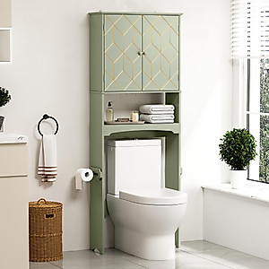 AZODY Over The Toilet Storage Cabinet with Gold Trim, Modern Bathroom Organizer Over Toilet with Adjustable Shelves and Toilet Paper Holder for Bathroom (Green)