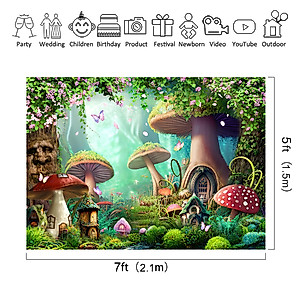 Riyidecor Enchanted Backdrop Polyester Fabric Mushroom Fairy Tale Wonderland Green Tree Fantasy Garden Flower Butterfly 7Wx5H Feet Girls Woman Bday Photography Background Photo Studio Shoot