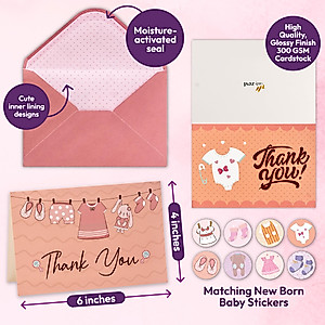 Only Zest Baby Shower Thank You Cards Bulk with Envelopes and Stickers- 50 Pack 4x6 Blank Thank You Notes, Cute Baby Girl Thank You Cards for Birthday, Baptism, Baby Announcement