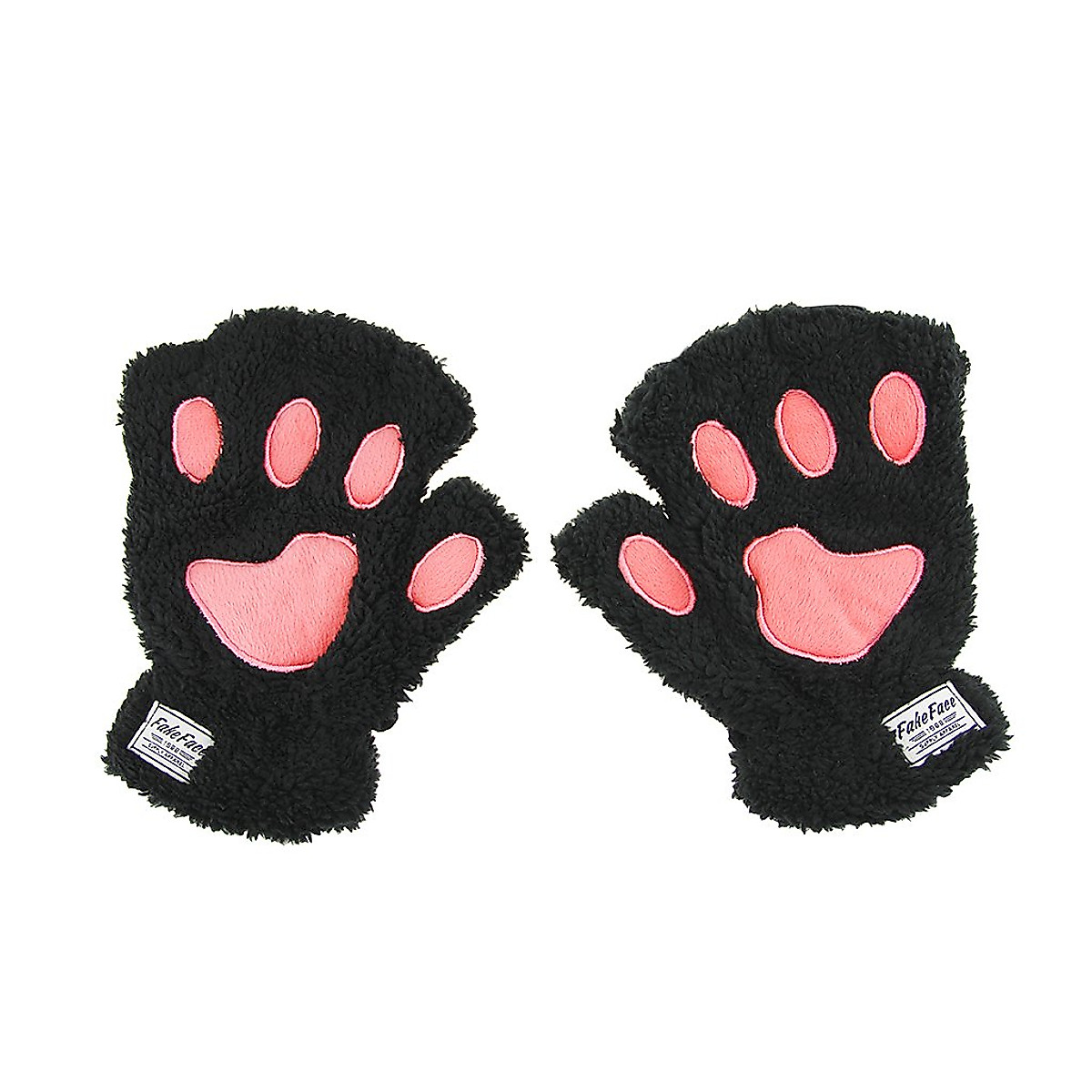 FakeFace Cute Cat Kitten Paw Fingerless Faux Fur Plush Gloves For Girls Women, Black, Small