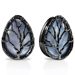 PUNKYOUTH 2PCS Teardrop Pearl Shell Ear Gauges Saddle Tunnels Double Flared Plugs Life Tree Elegant Stainless Steel Expander Stretcher Earrings For Women Guage 0g-1"