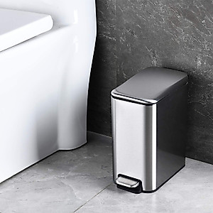 CLTEC 5L/1.3Gal Stainless Steel Trash Can with Lid Soft Close, Removable Inner Waste Basket, Slim Small Garbage Can, Rectangular Step Trash Bin for Bathroom Bedroom Office, Anti-Fingerprint, Silver