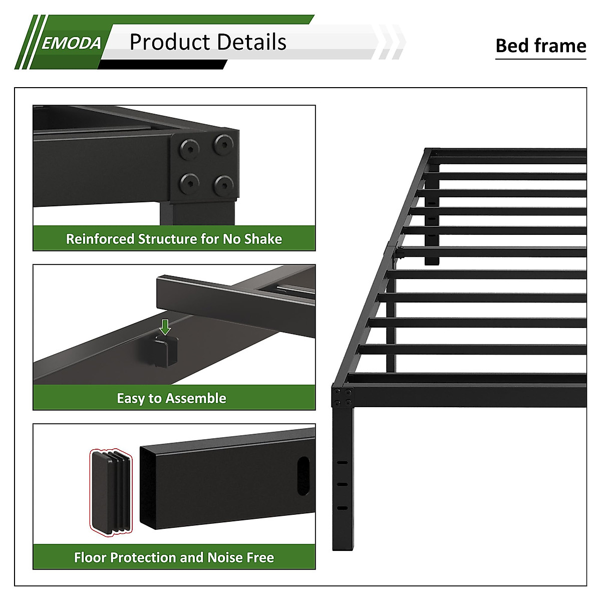 EMODA 18 Inch Twin Bed Frame No Box Spring Needed, Heavy Duty Tall Metal Twin Platform Bed Frames with Large Storage Space, Noise Free, Easy Assembly, Black