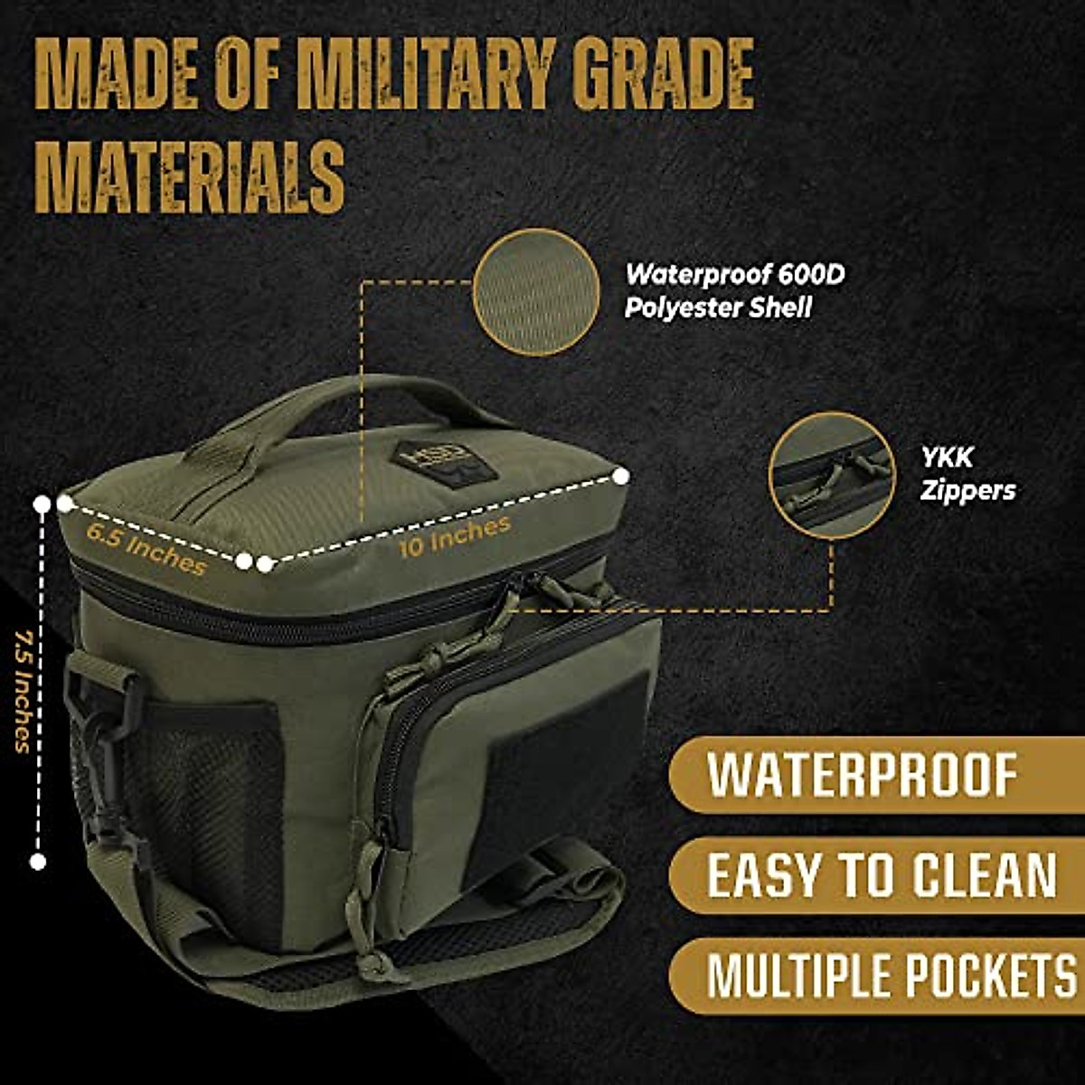 HSD 10mm Thick Insulated Adult Lunch Bag - Leak Proof for Hot & Cold Temperature - Tactical Style Easy To Clean, Durable & Water-Resistant - Sturdy Handle, Shoulder Strap, & Pockets - Men & Women