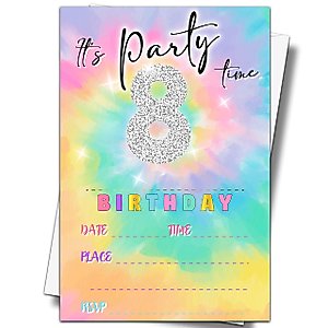 YSTEP Tie Dye 8th Birthday Party Invitations, 20 Invite Cards with Envelopes, 4"x6" It's Party Time Birthday Party Invites - A21