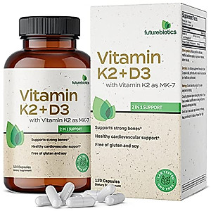 Futurebiotics Vitamin K2 (MK7) with D3 Supplement - Non-GMO Formula - 5000 IU Vitamin D3 & 90 mcg Vitamin K2 MK-7, 120 Vegetarian Capsules