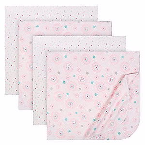 Just Born Boys and Girls Newborn Infant Baby Toddler Nursery 4-Piece Flannel Receiving Swaddle Blanket, Pink Floral, One Size