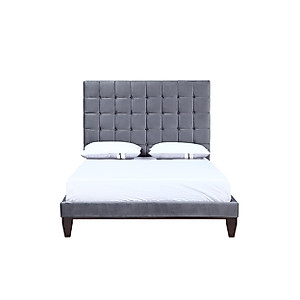 Iconic Home Beethoven Bed Frame with Headboard Velvet Upholstered Button Tufted Tapered Birch Legs Modern Transitional, Queen, Grey