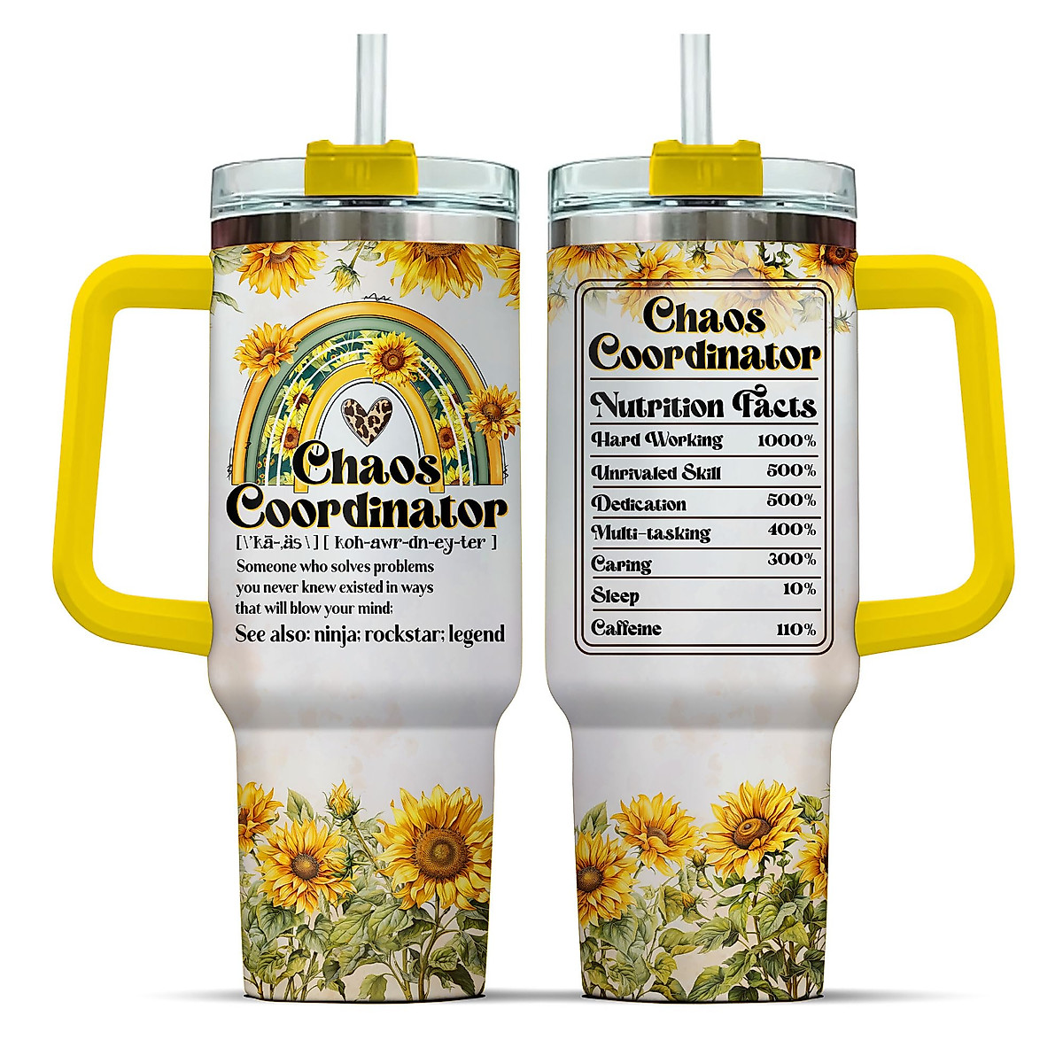 UNILYLY Chaos Coordinator Nutrition Facts, Rainbow Leopard Handle Flower Black Floral, Tumbler 40 Oz With Handle Lid And Straw, Chaos Coordinator Gifts, Floral Coffee Hot And Iced