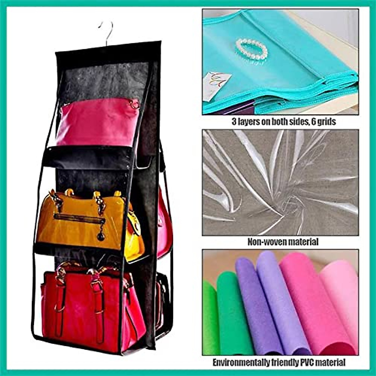 3 Layers Storage Bag for 6 Pockets Hanging Purse Handbag Organizer Clear Hanging Shelf Bag, Hanging Wardrobe Closet, Space Saving Organizers, Gift for Family (Black)