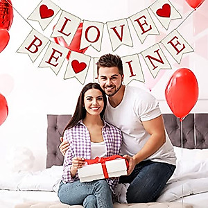 Whaline Valentine's Day Burlap Banner Felt LOVE BE MINE Heart Banner Pre-Assembled White Red Valentine Bunting Garland Celebration Hanging Decorations for Valentine Party Supplies Home Decoration