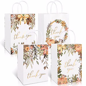 AnyDesign 16Pcs Thanksgiving Gift Bags Fall Thank You Treat Bag Maple Leaves Pumpkin Pattern Wedding Bags with Handle Foil Gold Day Bag for Birthday Bridal Baby Shower Party Favor, 5.9 x 8.3 x 3.2