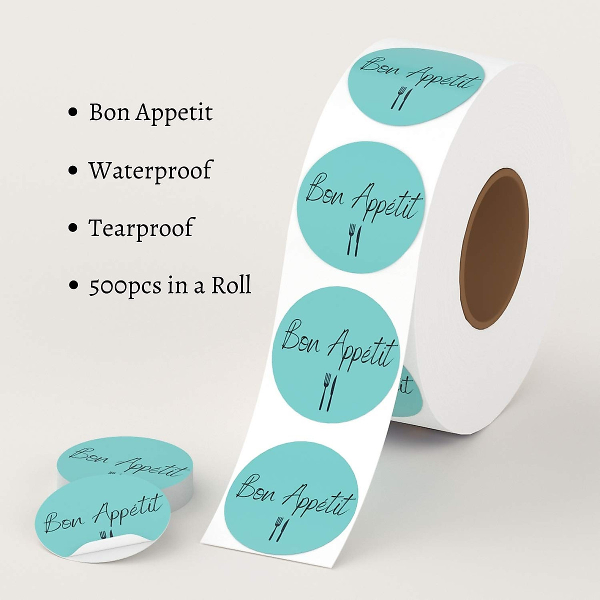 Mobiusea Party Bon Appetit Stickers Roll | 1.5 inch | Waterproof | 500 Labels for Food Service and Catering Business, Bakery Packaging | Mint Background with Black Hand-Brushed Font Design
