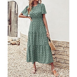 PRETTYGARDEN Women's Summer Casual Short Flutter Sleeve Round Neck Smocked Waist Tiered Boho Floral Flowy Maxi Dress(Small, Leaves Green)