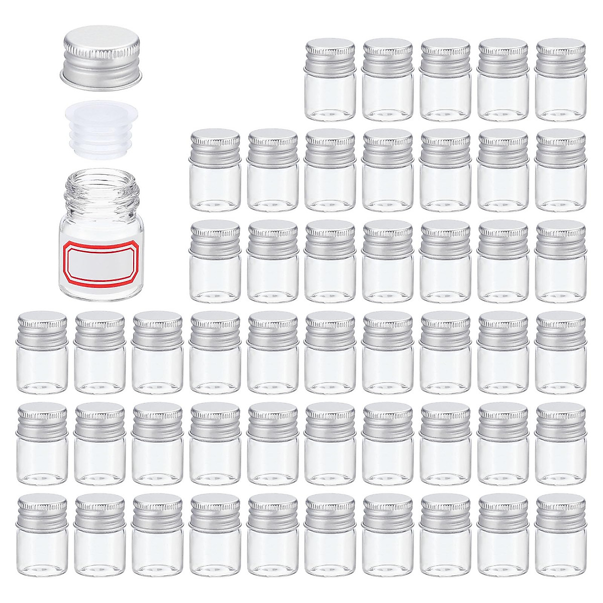 PATIKIL 5ml Clear Glass Vials, 50 Pack Small Liquid Sample Vial with Screw Caps Plastic Stoppers and 64 Labels Leak-Proof Bottles Empty Jars