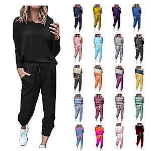 Clearance Today Deals Prime Fall Two Piece Outfits for Women 2025 Plus Size Loose Fit Sweatsuits Tracksuits Jogger Crewneck 2 Piece Lounge Sets A-Black