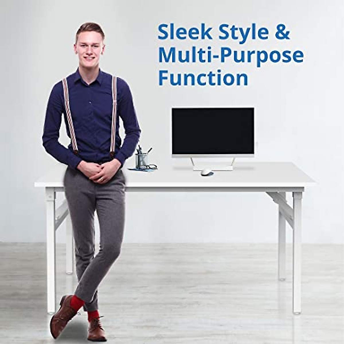 Halter Folding Desk Table for Small and Large Spaces, Collapsible Computer Desk for Office, Bedroom, and Study - 47” Space-Saving Portable, Foldable Study Table - White Desk, White Frame