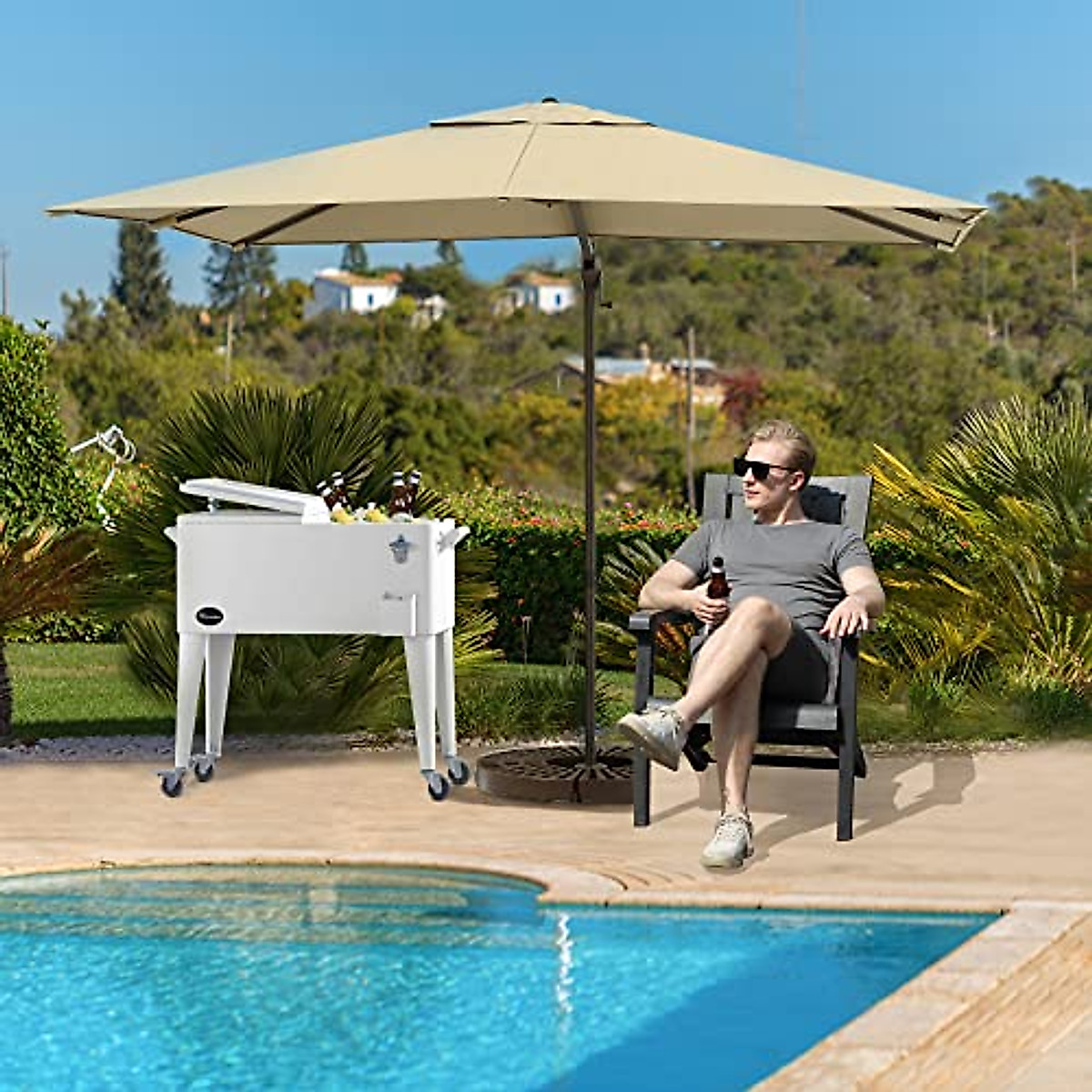 YITAHOME 80 Quart Rolling Cooler Cart with Bottle Opener Drainage, Portable Patio Cooler Rolling on Wheels, Outdoor Rolling Beverage Cart Drink Cooler for Patio Pool Deck Party Cookouts (White)