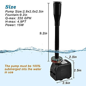 DOMICA 15W 220 GPH Submersible Fountain Pump with LED Light, Ultra Quiet Adjustable Water Pump (800L/H) for Water Feature, Hydroponics, Garden, Pond, Aquariums, Fish Tanks, Indoor Outdoor Fountain
