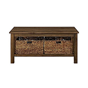 Walker Edison Alayna Mission Style Two Tier Coffee Table with Rattan Storage Baskets, 40 Inch, Dark Walnut