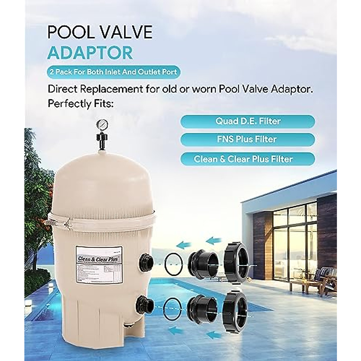 2 Pack 270100 Black Pool Valve Adaptor Replacement Kit for Quad D.E. Filter, FNS Plus Filter, Clean & Clear Plus Filter, Pool/Spa Cartridge Filter