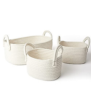 LA JOLIE MUSE Woven Basket Set of 3 - White Rope Storage Baskets Small Nursery Baskets for Baby Kid Toys, Soft Cotton Basket Bins for Bathroom Bedroom Organizing, Off White