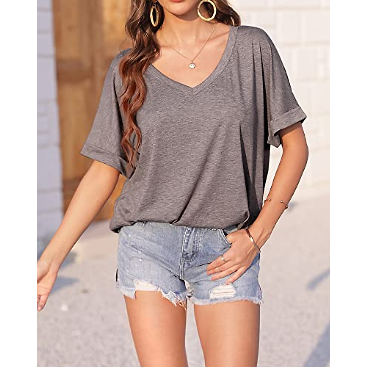 Langwyqu Women's Oversized T Shirts V Neck Short Sleeve Summer Casual Loose Tops Tees Brown