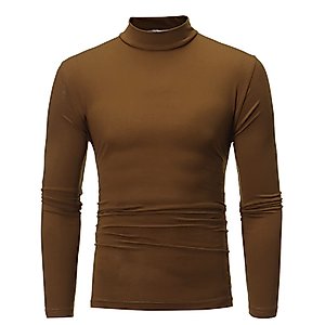 Mens Long Sleeve Turtleneck Shirt Compression Base Layer Thermal Top Slim Fit Casual Solid Pullover Undershirt(Coffee,3X-Large)