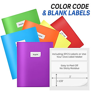 Sooez 6Pack Folders with Pockets, Pocket Folders with Extra Labels, Plastic Folders with Pockets, 2 Pocket Folders Bulk, Heavy Duty File Folders, School Folders Business Folder Office Filing Supplies