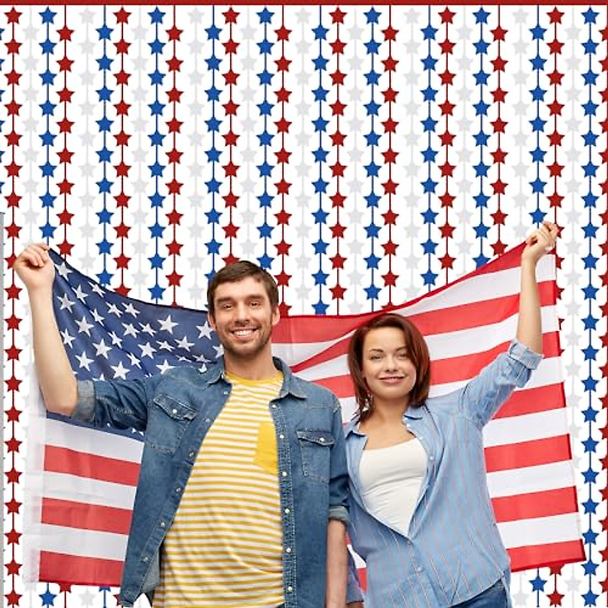 2 Pack 3.2ft x 6.6ft Red White Blue Stars Metallic Foil Fringe Curtain, Tinsel Curtains Streamers Photo Props Backdrop for 4th of July, Independence Day, Memorial, Veterans Day Party Decorations