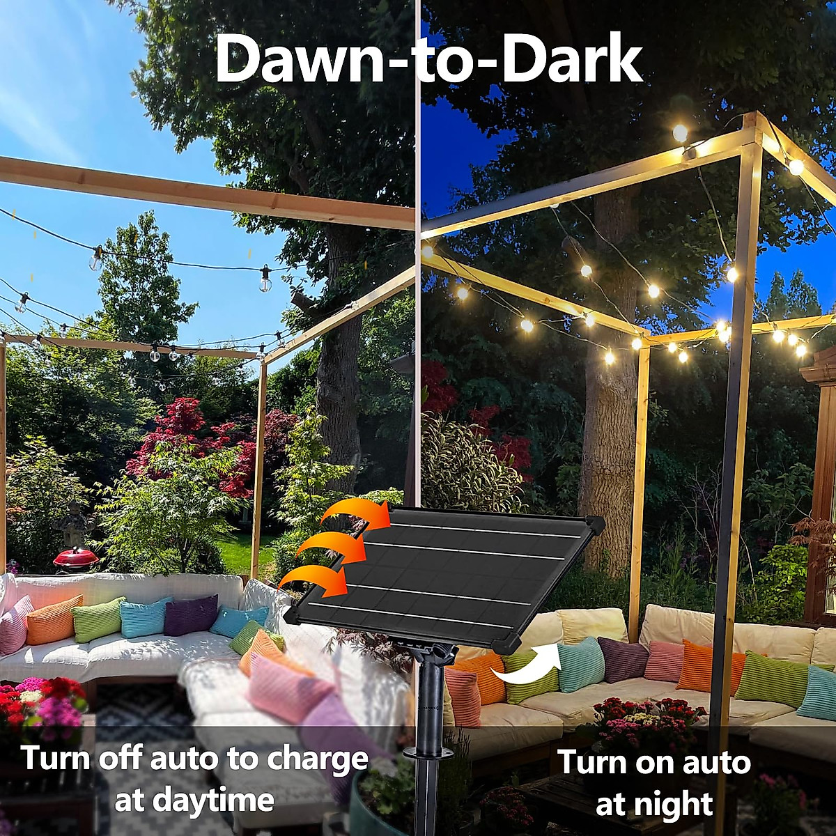 Stright 48FT Solar Powered String Light with Remote Control 8 Light Modes, Weatherproof Shatterproof LED Bulb 15 Sockets Outdoor Strand Patio Light for Fence Backyard