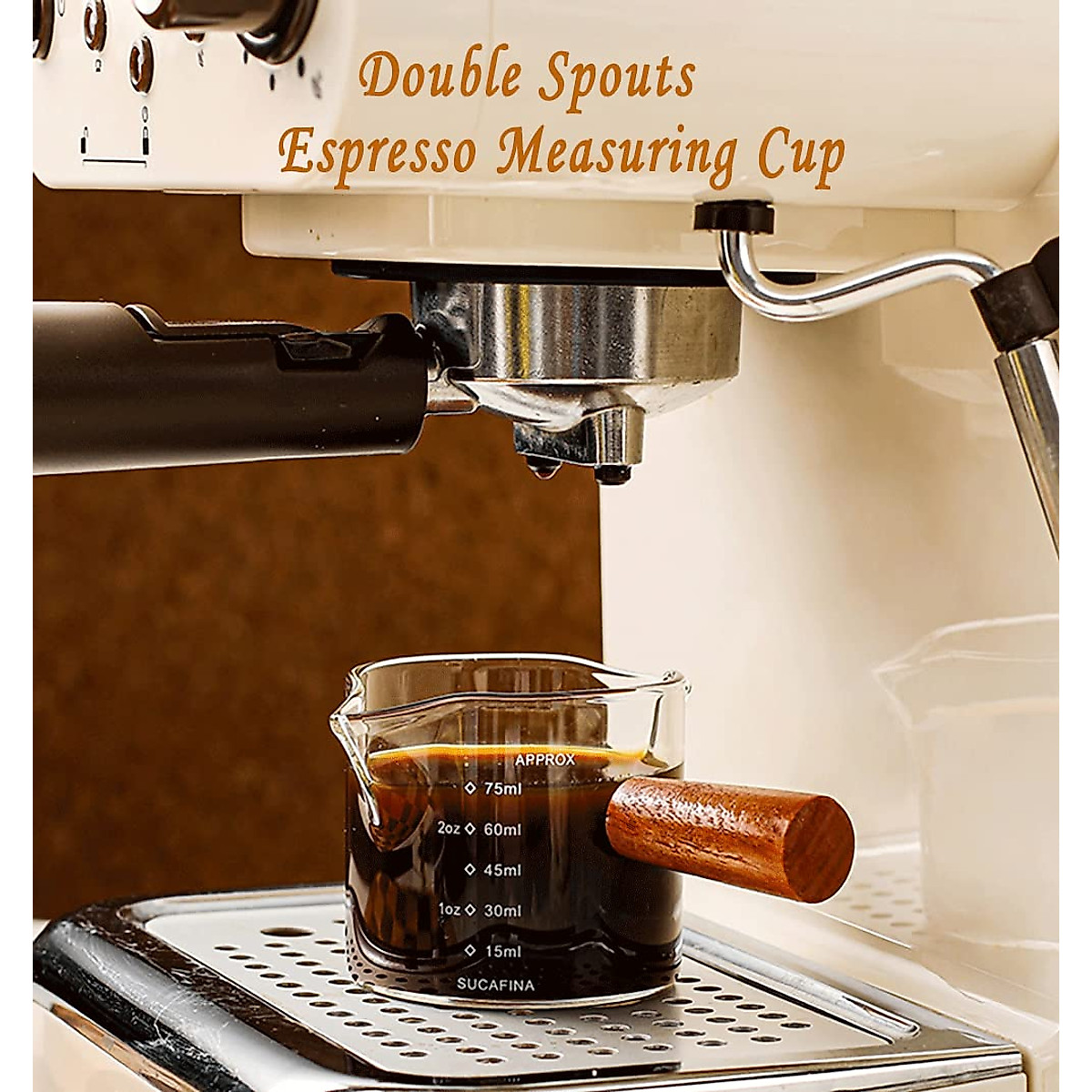Espresso Shot Glass 75ML Double Spouts Espresso Measuring Cup Milk Cup Espresso Accessories with Wood Handle for Barista Coffee Espresso Making (2 Pack)