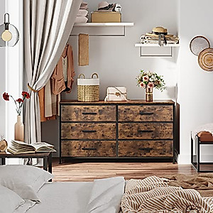 WLIVE Wide Dresser with 6 Drawers, TV Stand for 60" TV, Fabric Double Dresser, Large Storage Tower Unit, Chest of Drawers for Bedroom, Closet, Living Room, Hallway, Nursery, Rustic Brown