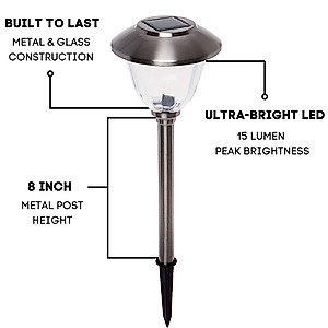 Energizer LED Solar Pathway Lights - 8 Pack of [Stainless Steel] Outdoor Solar Lights - IP65 Waterproof w/Auto On/Off - Patterned Glass and Metal Construction Coated in Stainless Steel