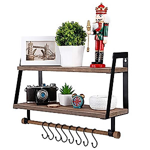 Kakivan 2-Tier Floating Shelves Wall Mount for Kitchen Spice Rack with 8 Hooks Storage, Rustic Farmhouse Wood Wall Shelf for Bathroom Décor with Towel Bar.