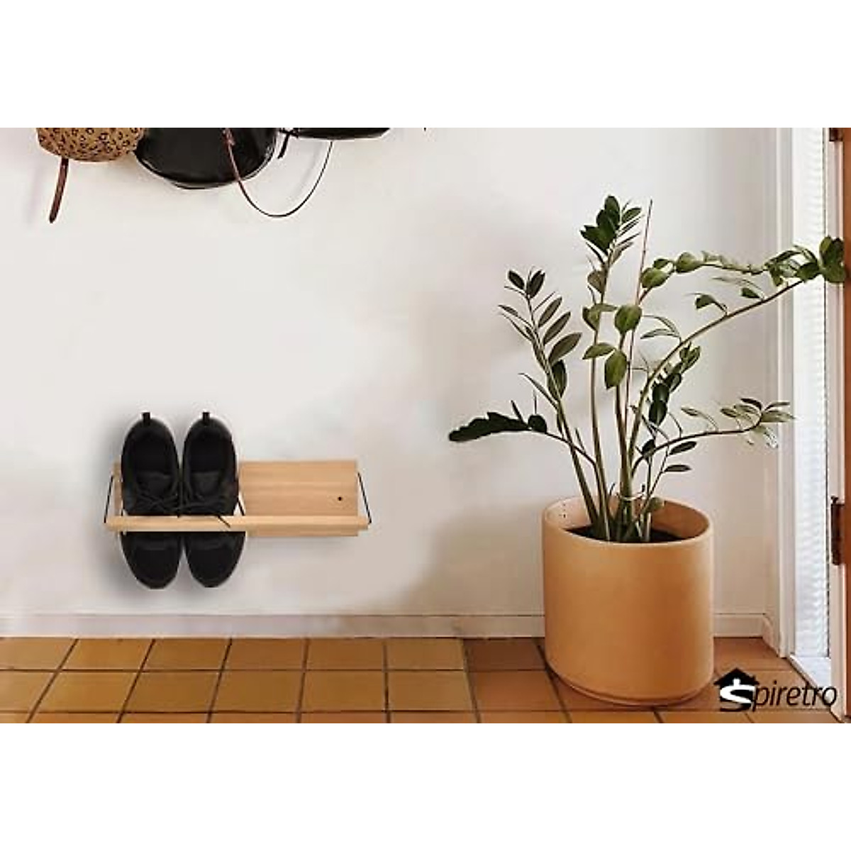 Spiretro Shoe Rack with Dowel, Wall Hanging Shoe Storage, Organize for Sneaker, Slipper, Boots in Entryway, Hallway, Trailer, RV, Solid Wood_ Beige