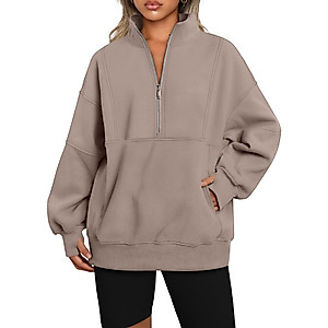 AUTOMET Womens Quarter Zip Oversized Sweatshirts Cute Long Sleeve Jackets Casual Hoodie for Teen Girls with Pockerts Beige