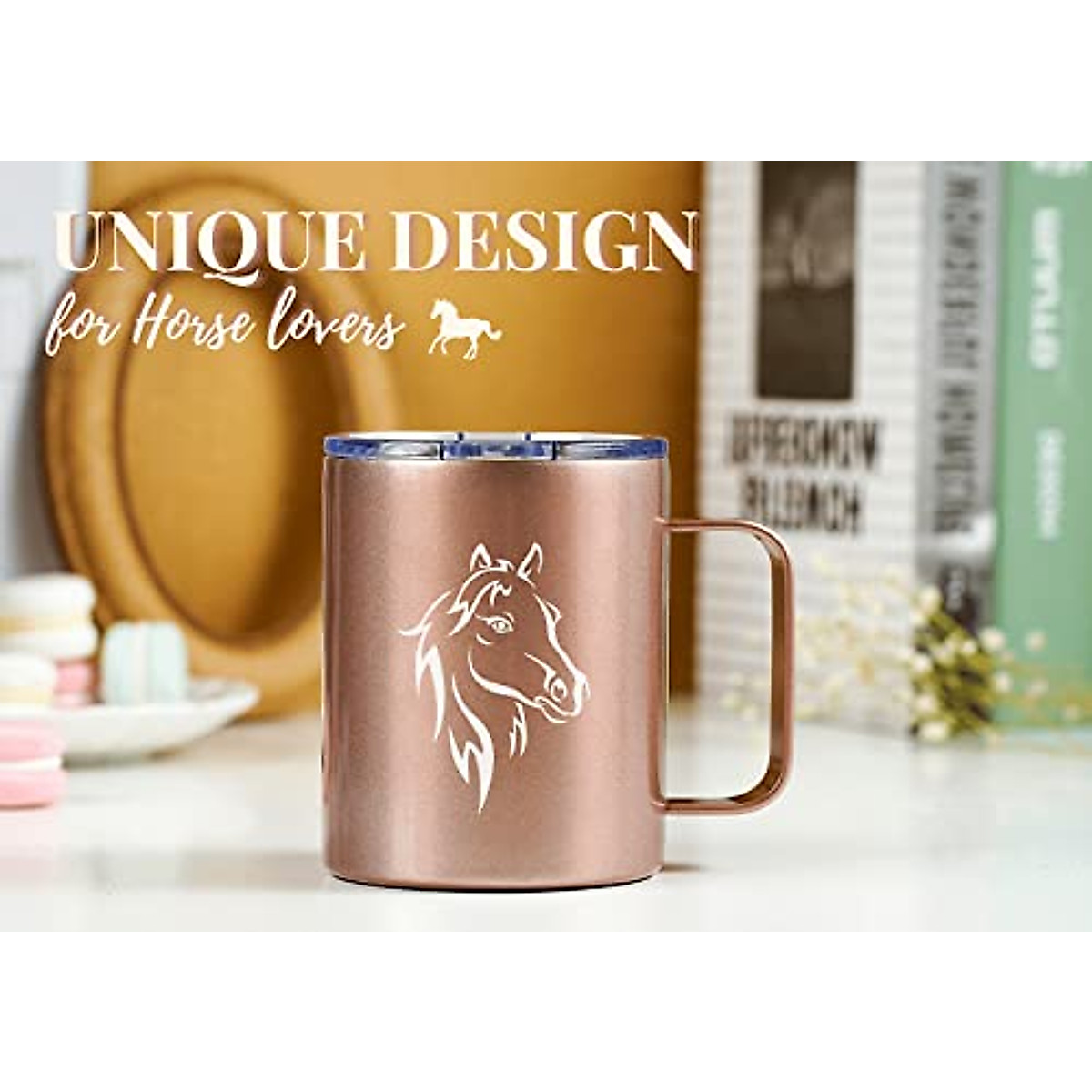 Onebttl Horse Gifts for Girls, Women, Horse Lovers, Insulated Stainless Steel Coffee Mug with Lid and Handle, Equestrians, Cowgirls Gifts for Birthday, Christmas, 12 oz, Rose Gold