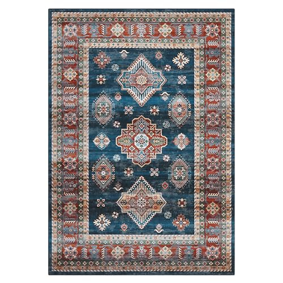 RUGSREAL 5x7 Rug Washable Rug Indoor Non-Slip Stain Resistant Large Area Rug for Living Room Throw Carpet Medallion Distressed Rug Oriental Accent Rug for Bedroom Office Nursery, Blue