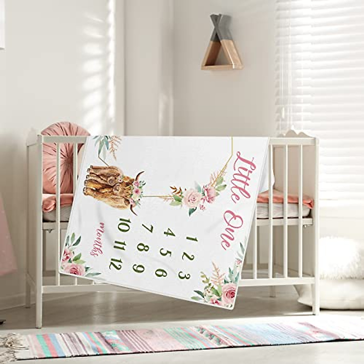 Mixweer Highland Baby Monthly Milestone Soft Blanket for Baby Cow Baby Blankets Newborn Photo Props for Newborn Nursery Baby Decor 40 x 47'' (Flower)