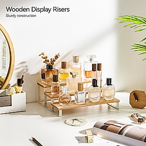 FOUCSSOMEI Spice Rack 3 Tier, Wooden Spice Rack Organizer for Cabinet, Kitchen Spice Rack for Wall, Display Risers for Party, Seasoning Organizer, Metal Frame, Free to DIY, Patented Design