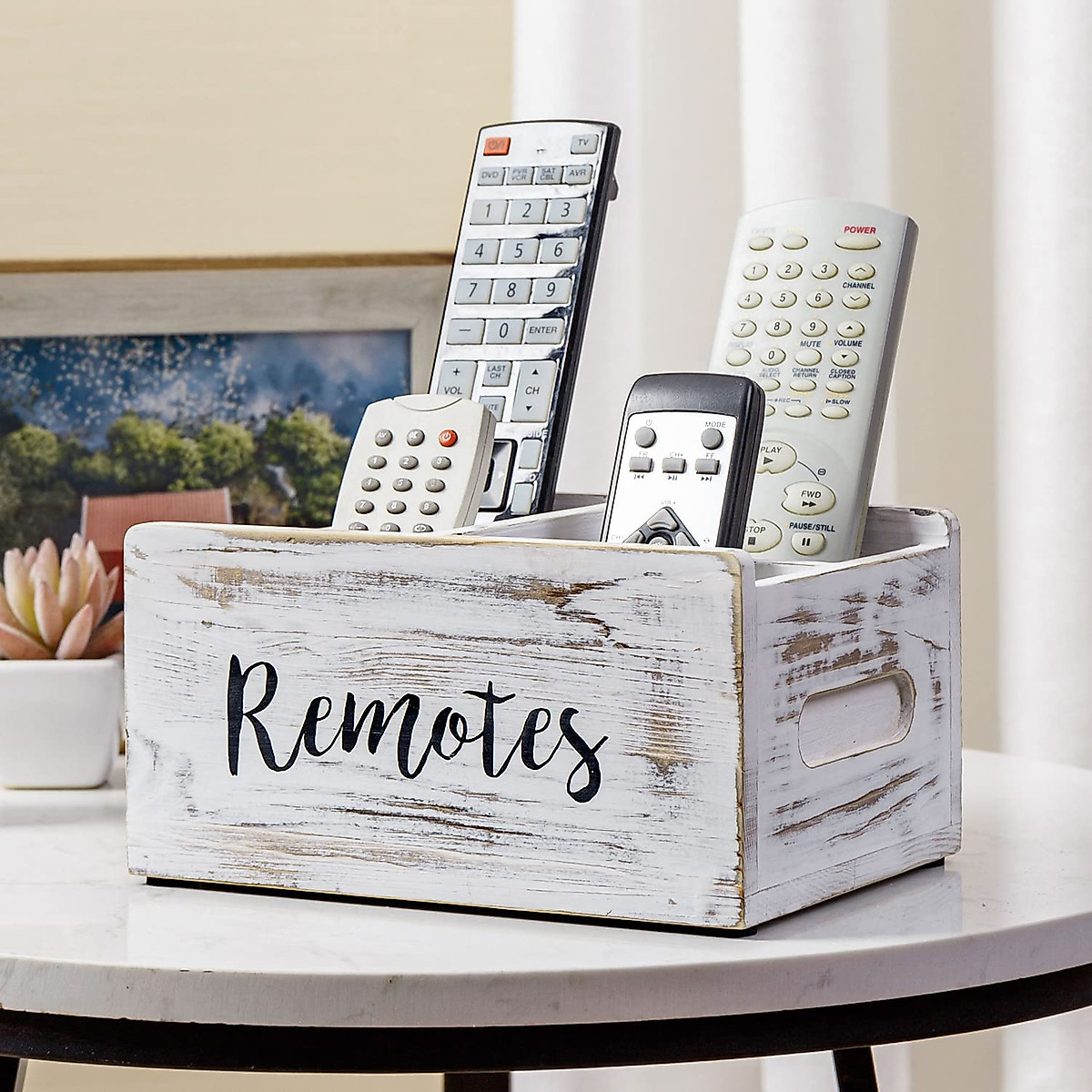 MyGift Whitewashed Wood Remote Control Holder Organizer with 4 Compartments, Media Storage Caddy with Cursive REMOTES Design